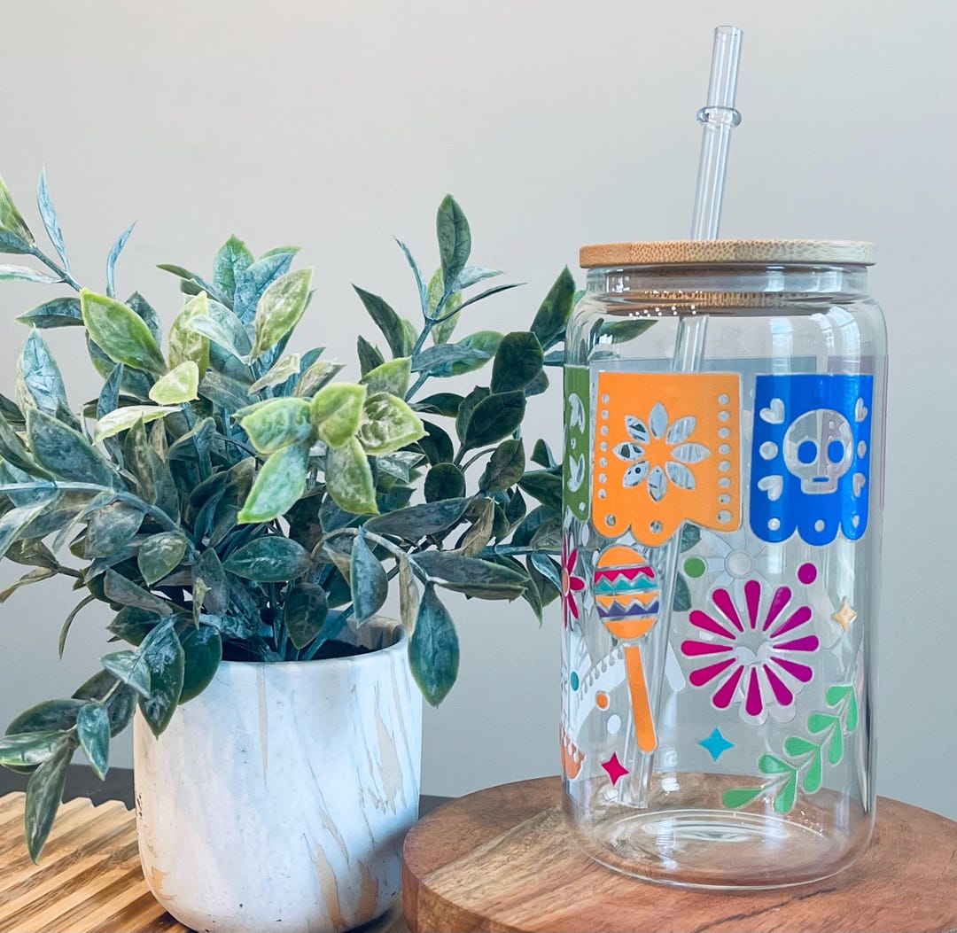 Mexican Folk Art Design Glass Cup, Mexican Floral Libbey Cup, 16oz Up ...