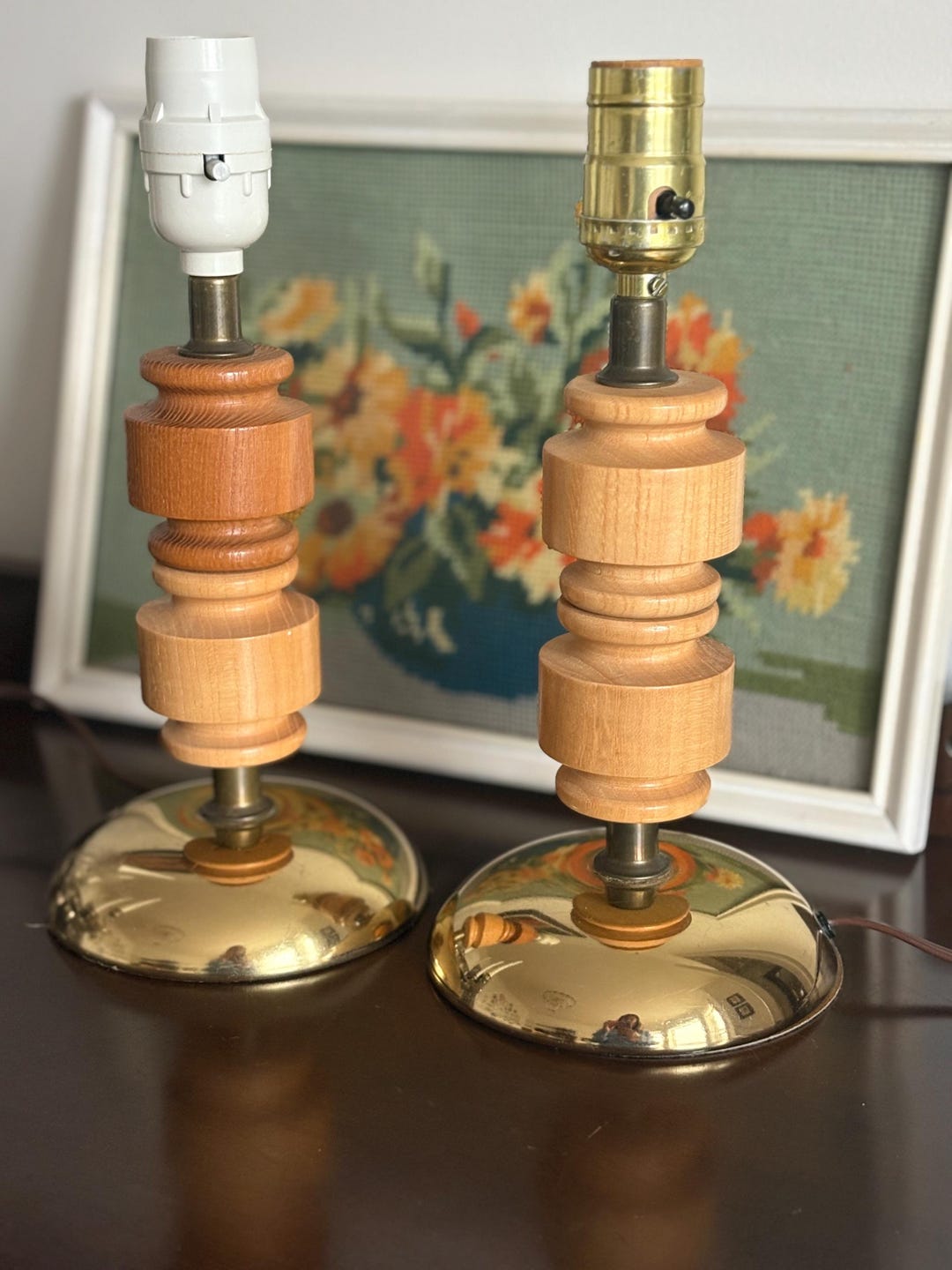 Pair of Hand Crafted Mid Century Modern Turned Wood Lamps With Round ...