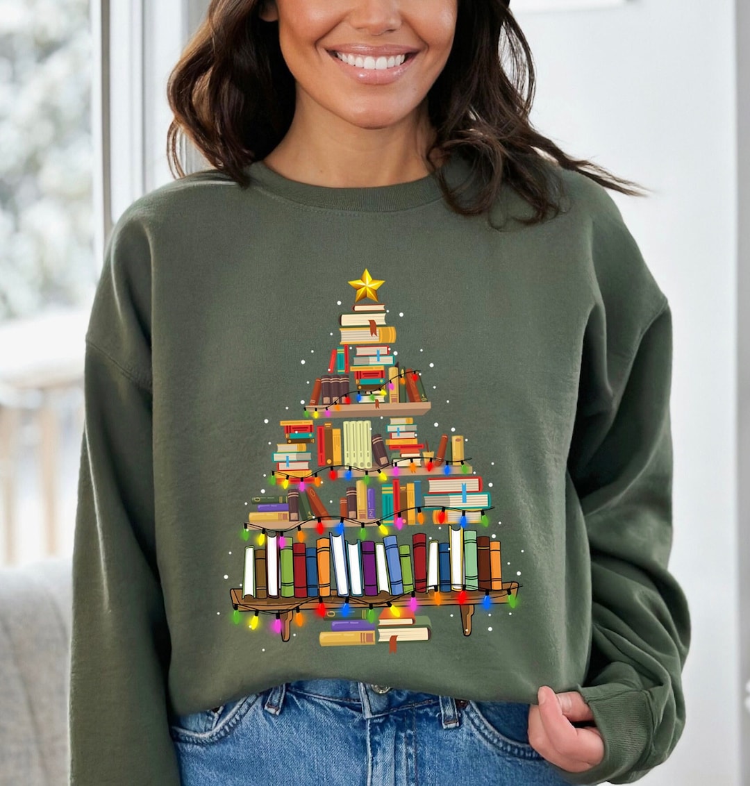 Christmas Tree Book Sweatshirt, Bookworm Christmas Sweatshirt, Merry ...
