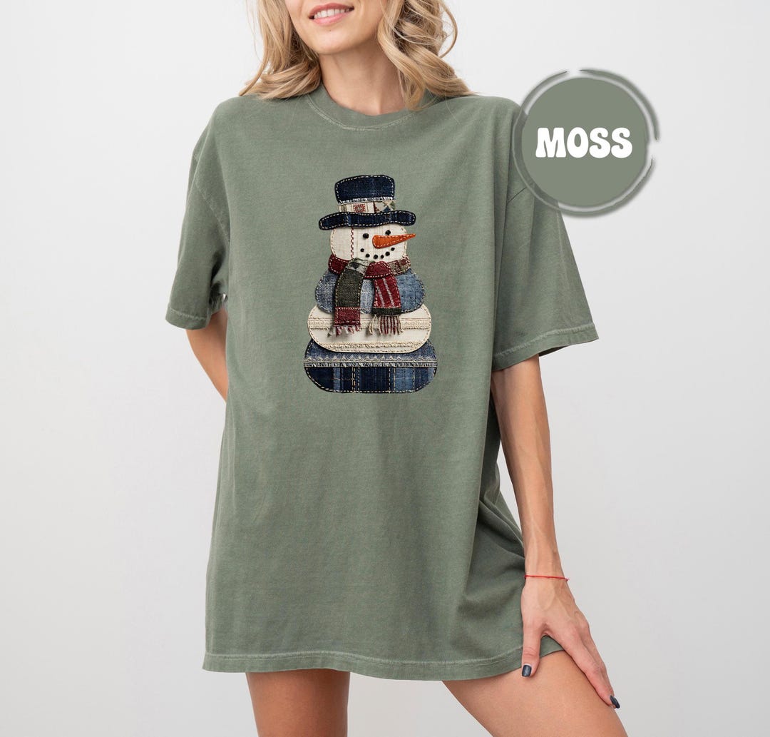 Comfort Colors® Denim Patchwork Snowman Shirt, Faux Patchwork Christmas ...