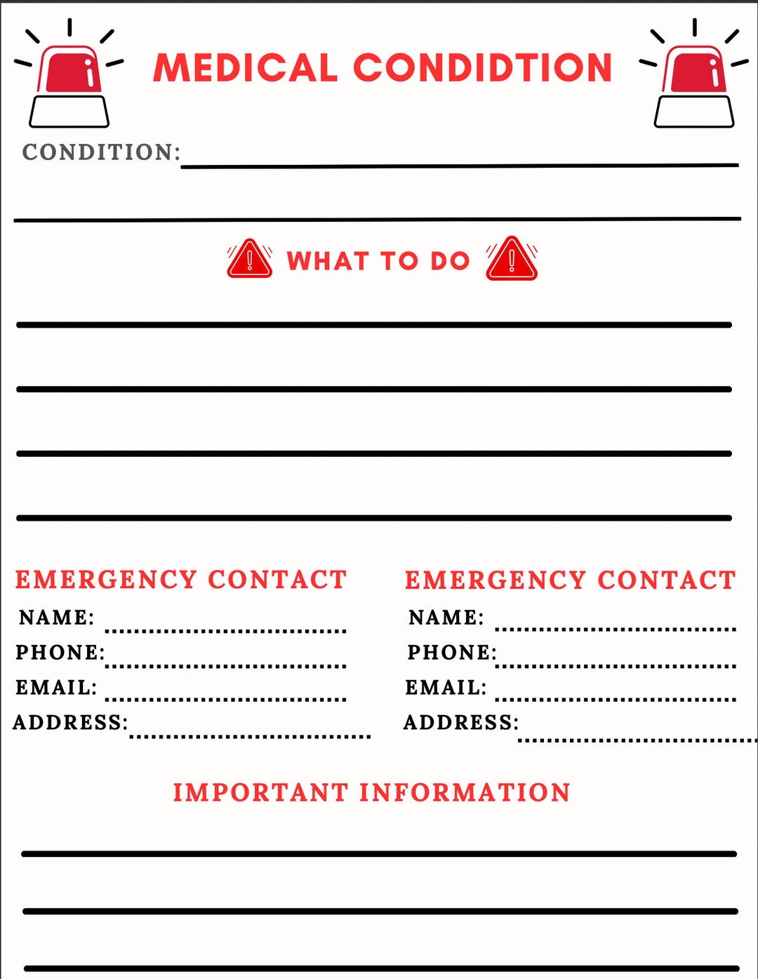 Medical Condition Sheet - Emergency Medical Condition Sheet - Etsy