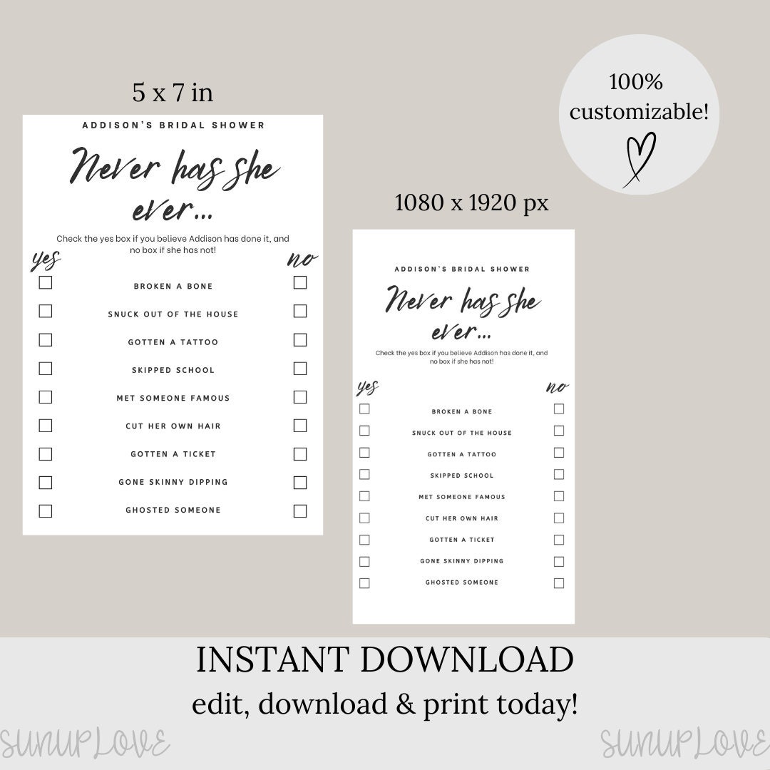 Bridal Shower Games Never Has She Ever Bachelorette Party Games ...