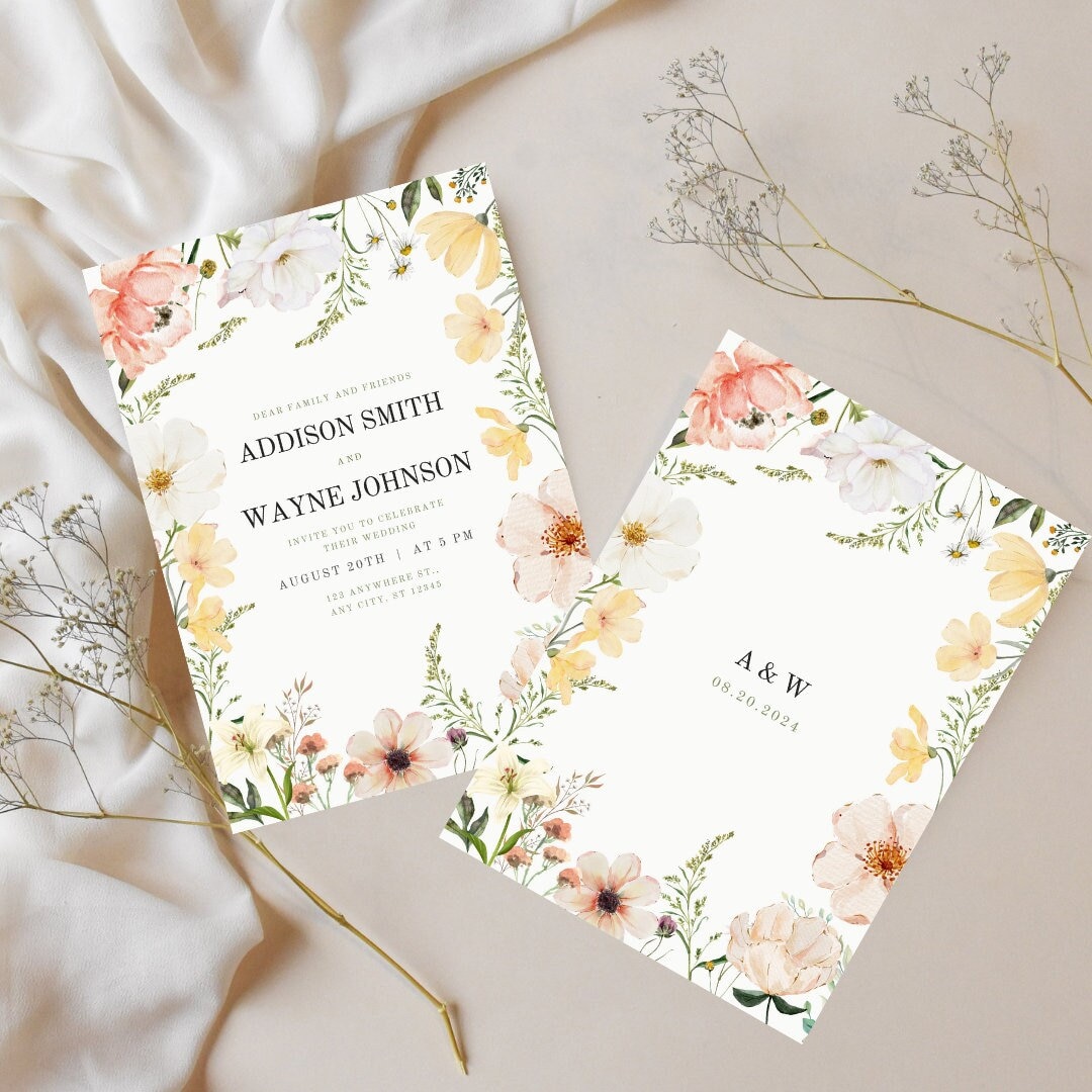 Wedding Invitation Floral Wedding Invitation Wildflower Wedding Invite ...