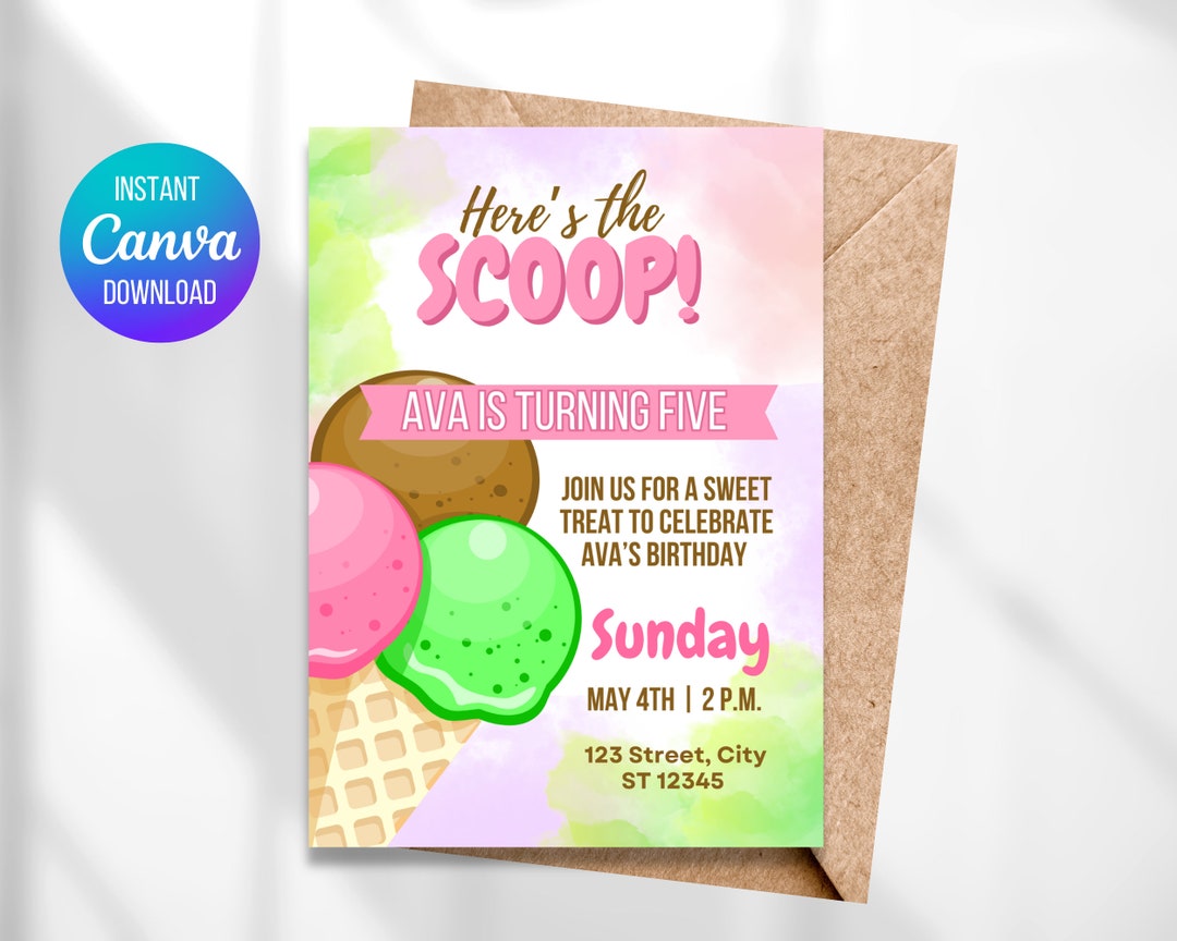 Editable Ice Cream Party Invitation, Birthday Party Invitation, Summer ...