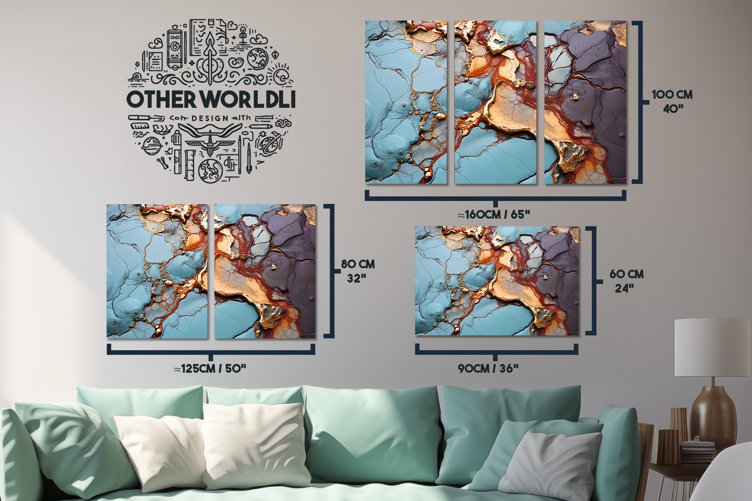 Maritime Wall Decor Blue Orange Marble Pouring Extra Large Multi Canvas ...