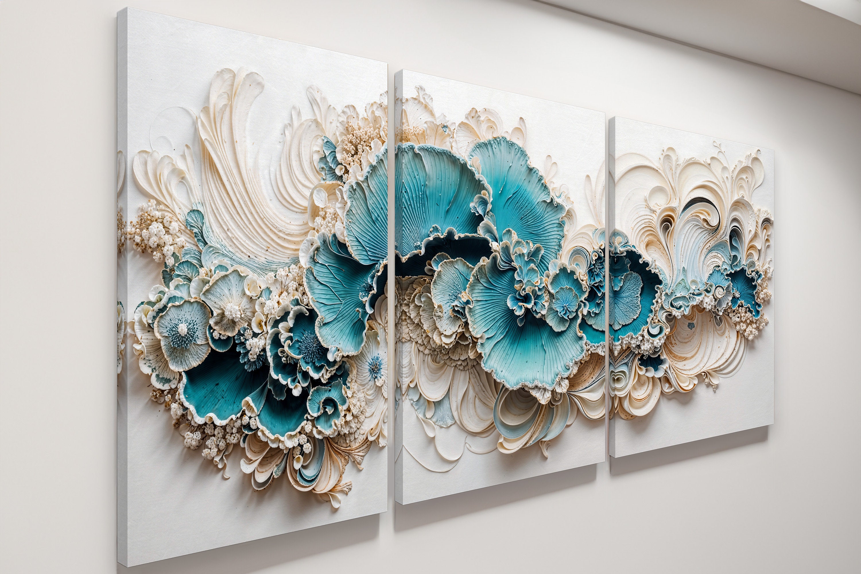 Extra Large Wall Art Set – Floral Turquoise Abstract – Luxury Multi ...