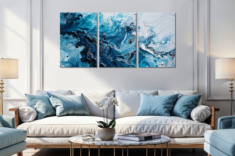 Extra Large Wall Art Set – Acrylic Blue White – Luxury Multi Panel ...