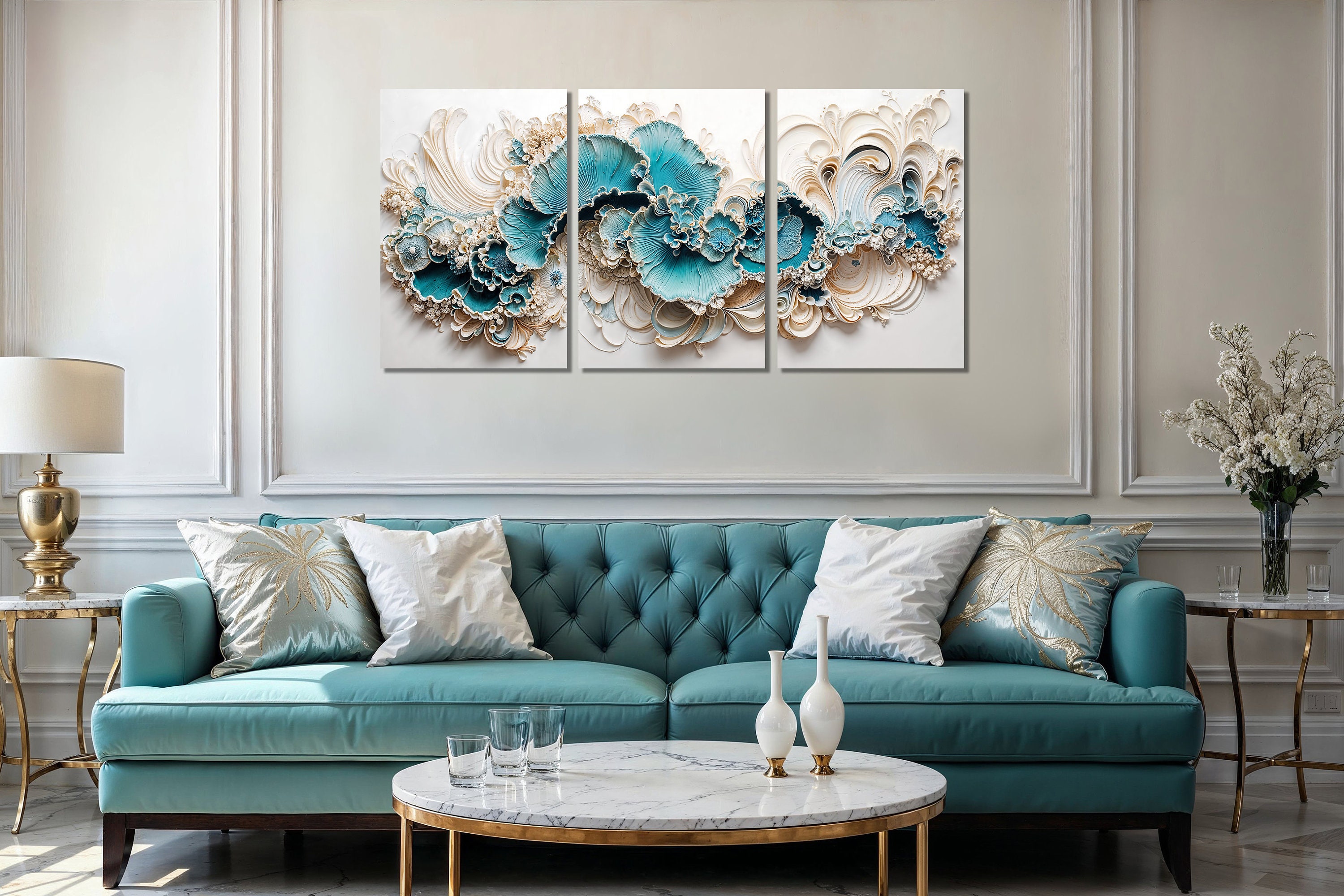 Extra Large Wall Art Set – Floral Turquoise Abstract – Luxury Multi ...