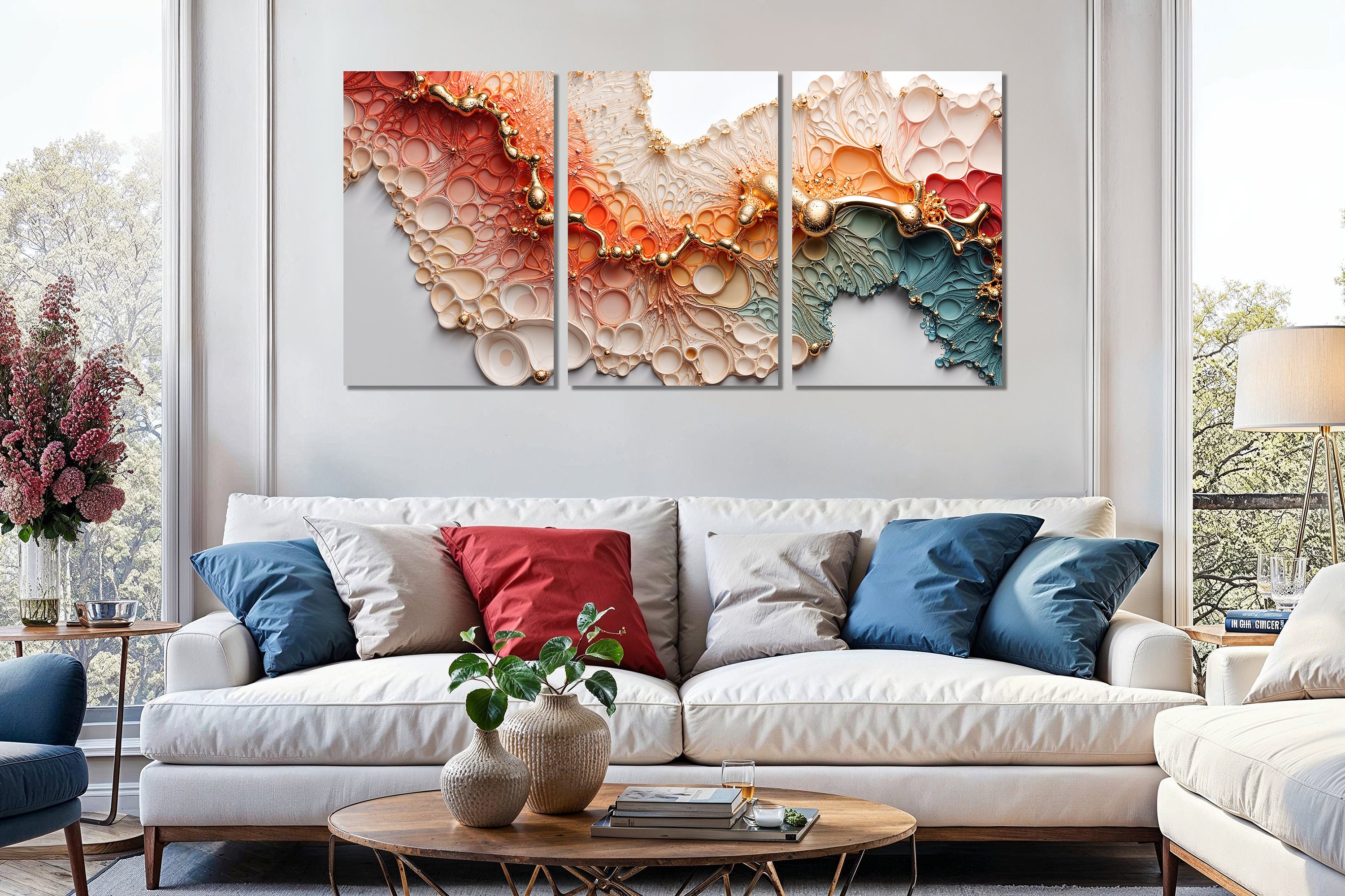 Extra Large Wall Art Set Red Blue Beige and Gold Luxury Multi Panel ...