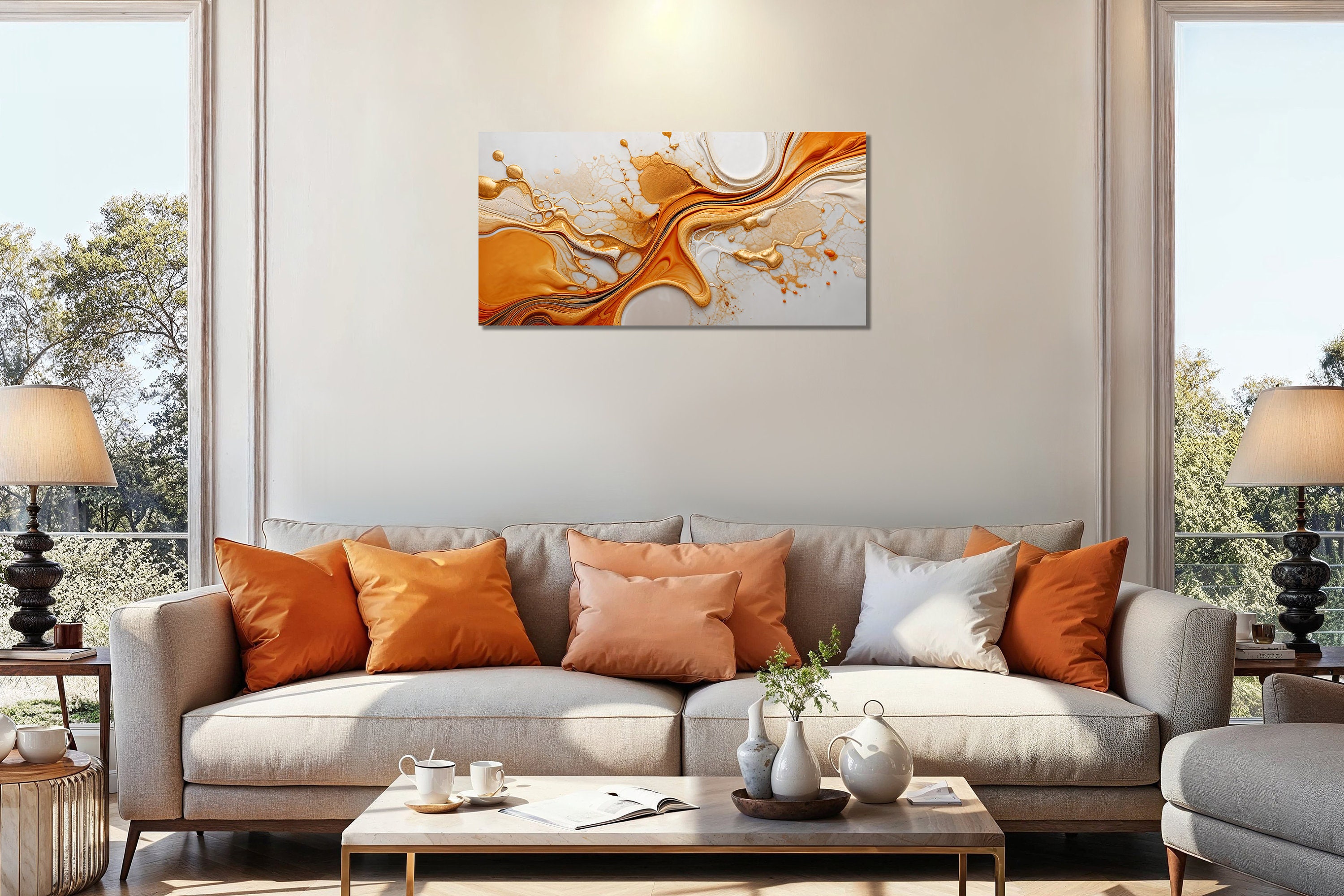 Large Modern Wall Decor Orange Gold Paint Splash Multi Panel Canvas ...