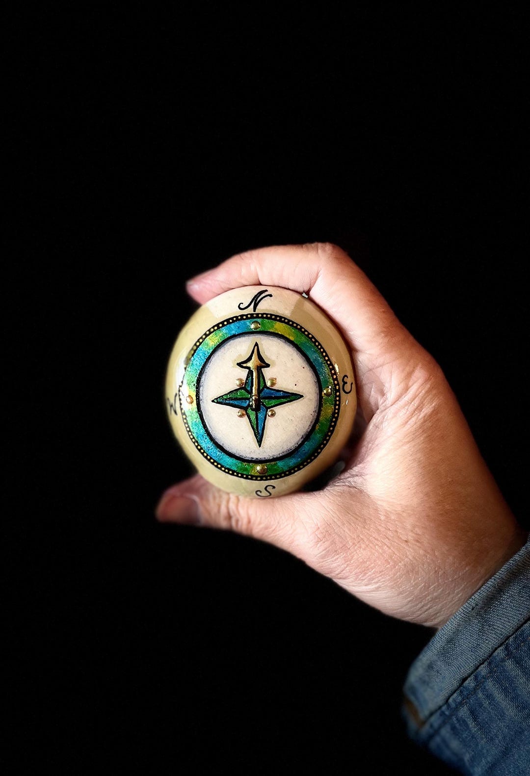 Hand Painted Compass Stone: Glittery Acrylic Art - Etsy