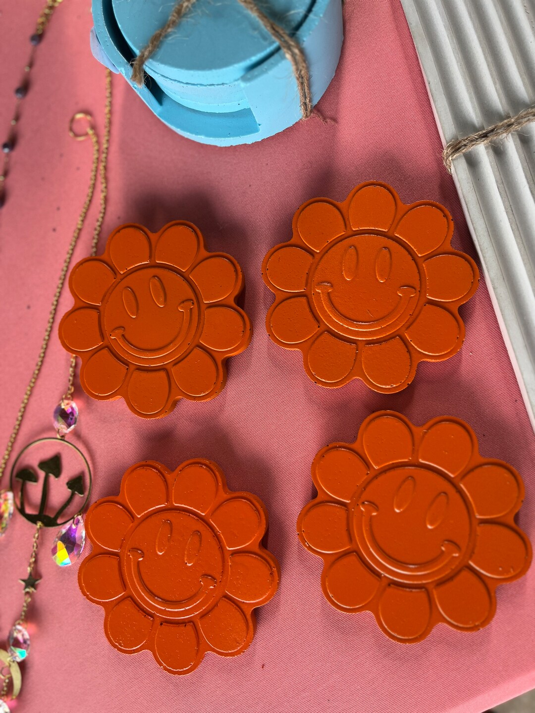 Concrete Smiley Face Flower Shaped Coaster Set - Etsy