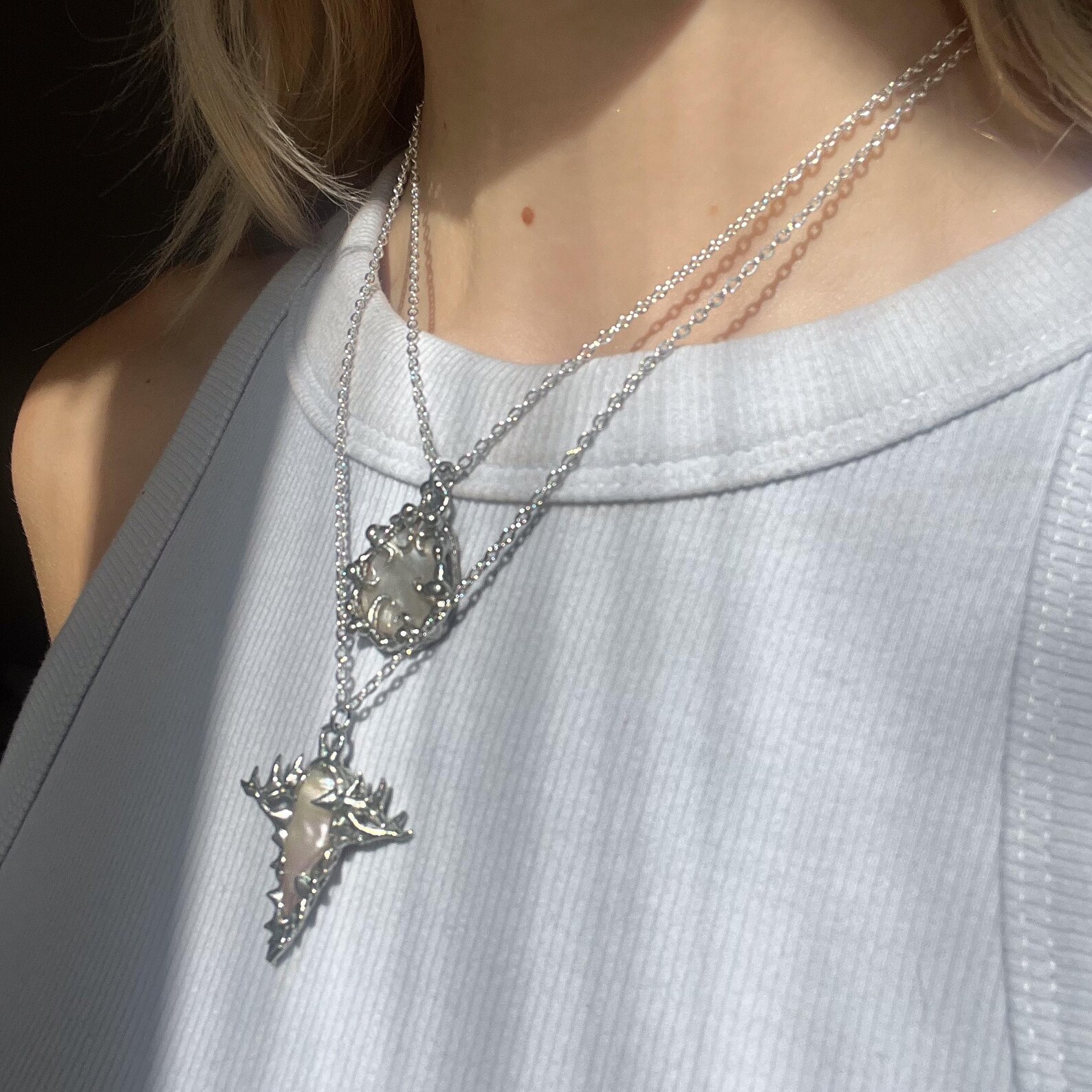 Soft Solder Y2k Pendant Spiky Silver Finish Necklace Edgy Pearl Jewelry ...
