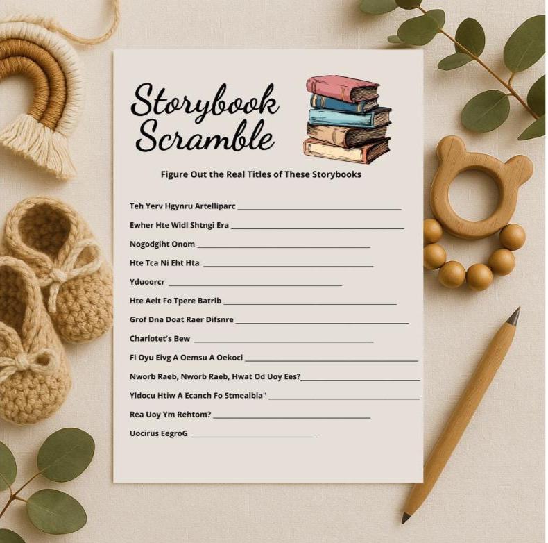 Storybook Scramble Baby Shower Game: Printable Book Title Unscramble ...