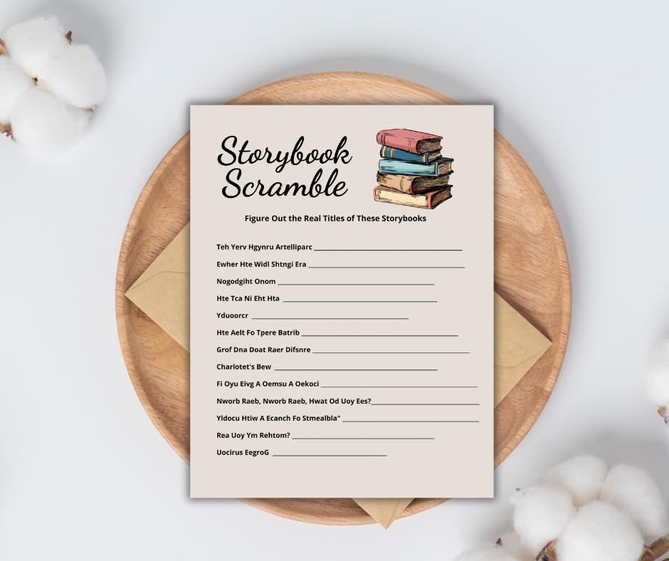 Storybook Scramble Baby Shower Game: Printable Book Title Unscramble ...