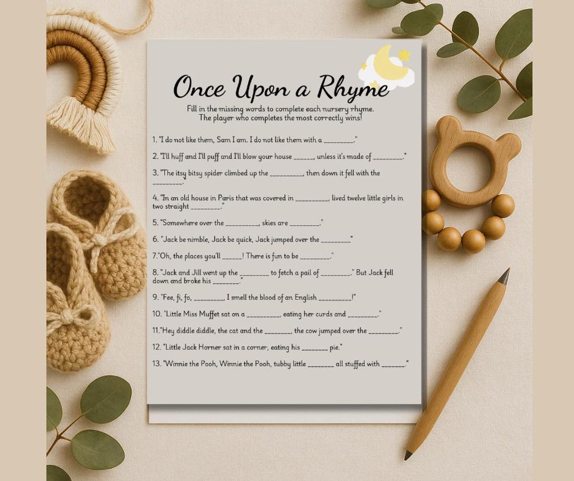 Baby Shower, Nursery Rhyme Quiz, Printable Baby Shower Games, Baby ...