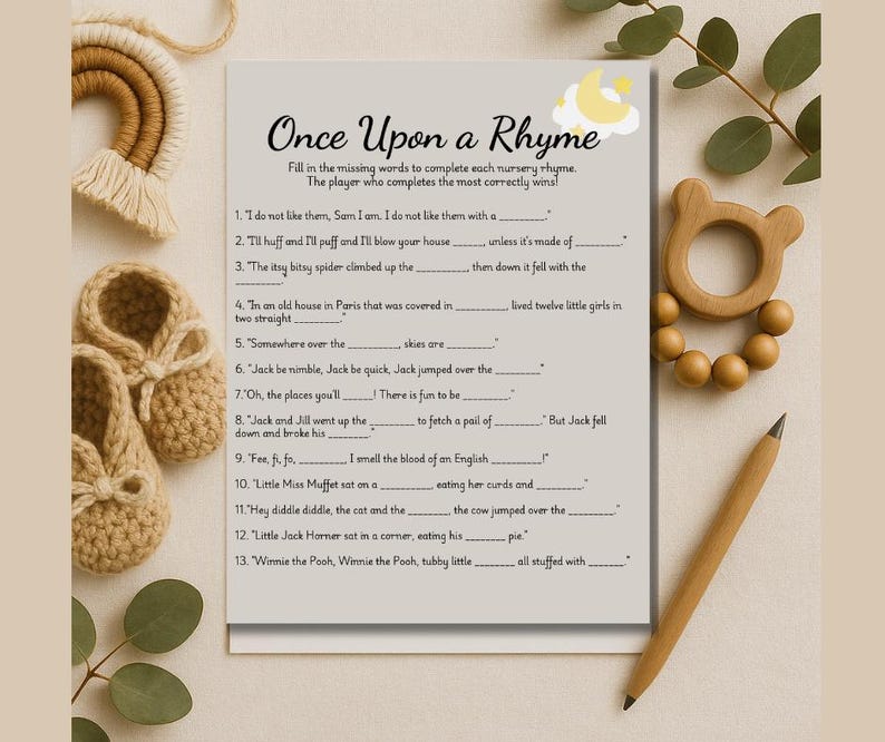 Baby Shower, Nursery Rhyme Quiz, Printable Baby Shower Games, Baby ...