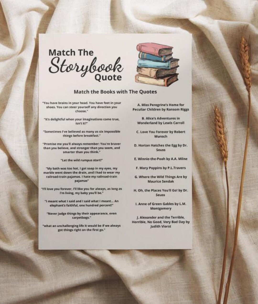 Storybook Baby Shower Game: Book Quote Matching (digital Download, PDF ...