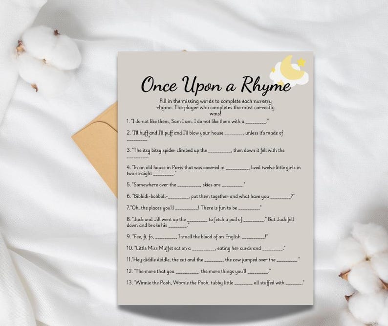 Baby Shower, Nursery Rhyme Quiz, Printable Baby Shower Games, Baby ...