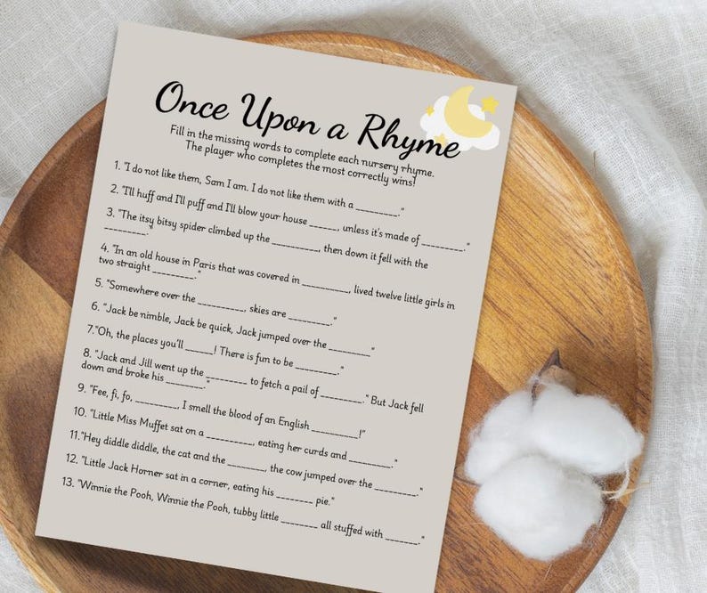 Baby Shower, Nursery Rhyme Quiz, Printable Baby Shower Games, Baby ...