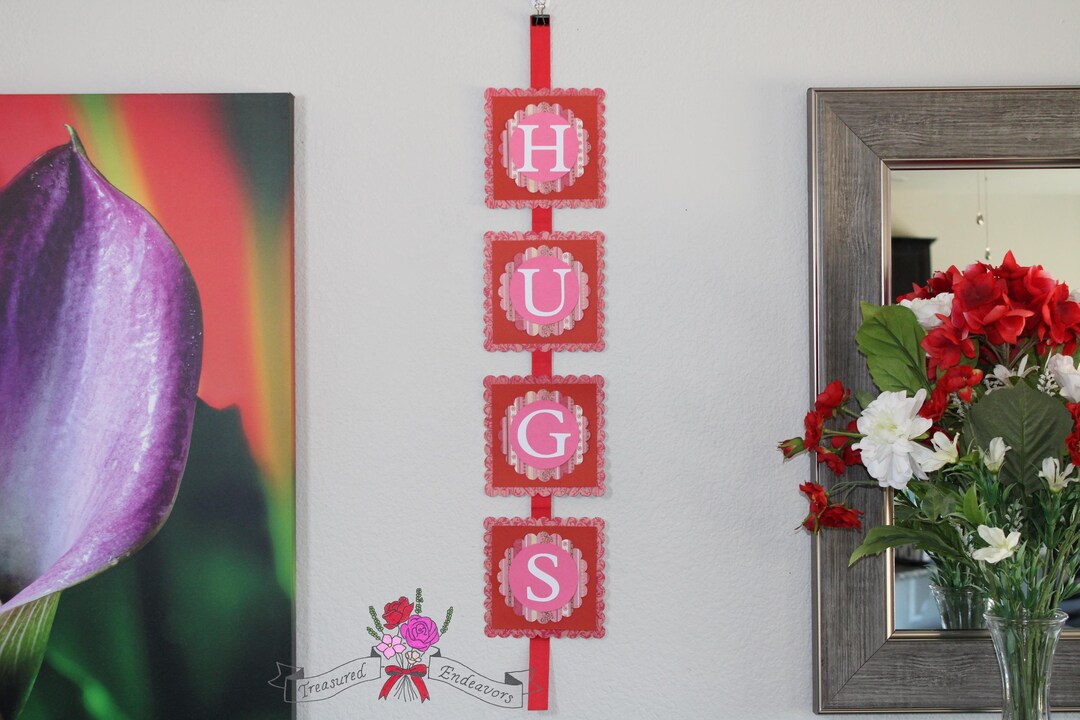 Romantic Handcrafted HUGS Banner in Reds and Pinks With White Letters ...