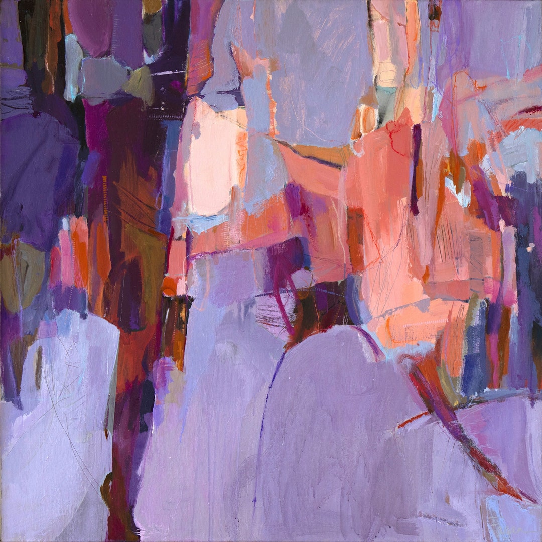 Purple Orange Abstract Painting, Square Contemporary Painting, Purple ...