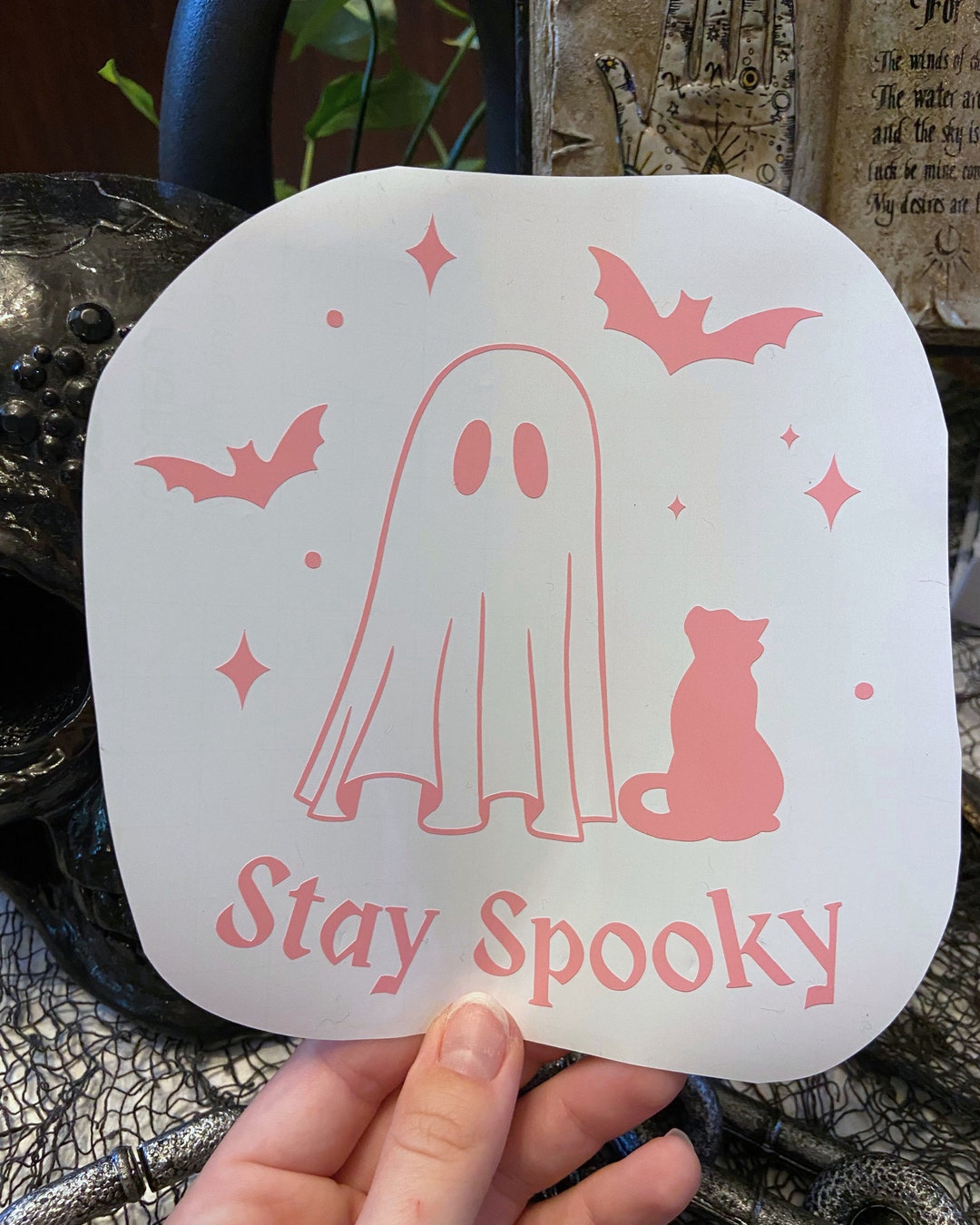 Stay Spooky Ghost With Cat Vinyl Sticker | Enchanting Decal With Bats ...