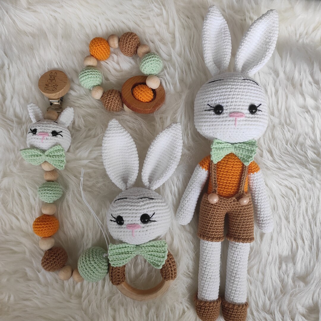 Handmade Rabbit, Crochet Sleeping Companion Newborn Set, Pacifier Strap ...