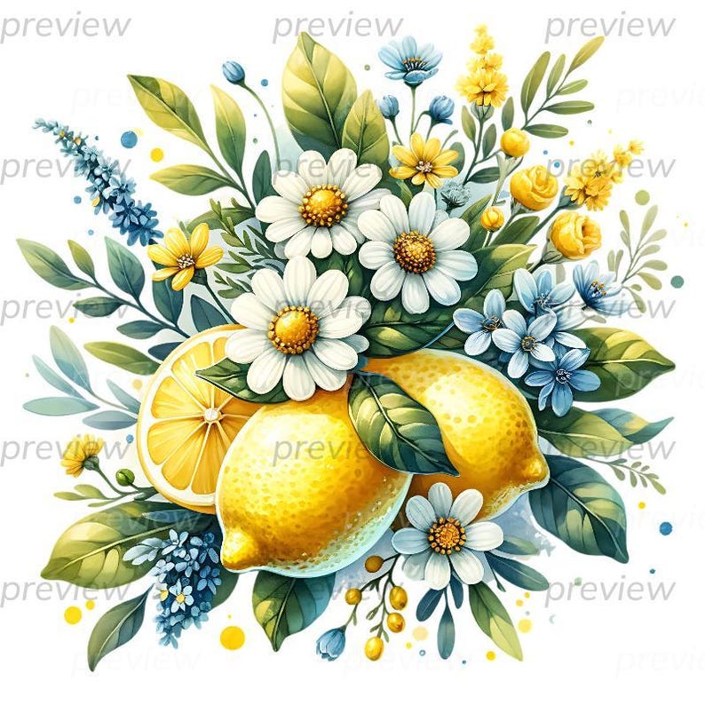 Lemons and Flowers Clipart Set: Blue & Yellow PNG Graphics (digital ...