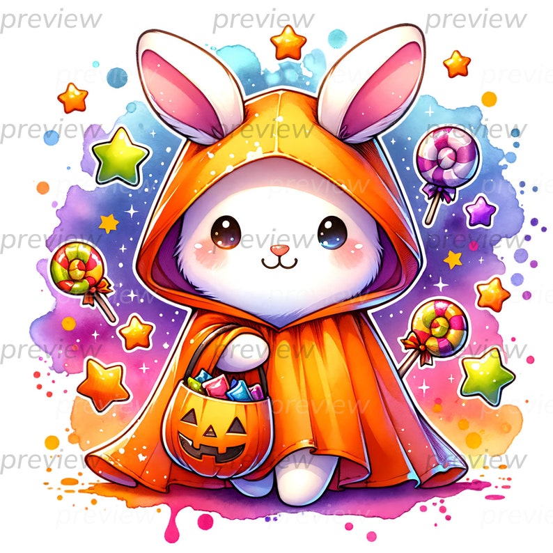 Cute Halloween Bunny Rabbits in Cloaks, Clipart Instant Download ...