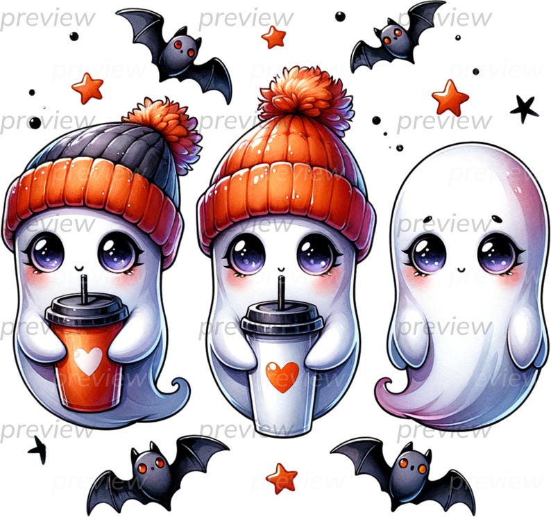 Printable 8 Pack Clipart Cute Ghosts PNG Bundle, Download Sublimation ...