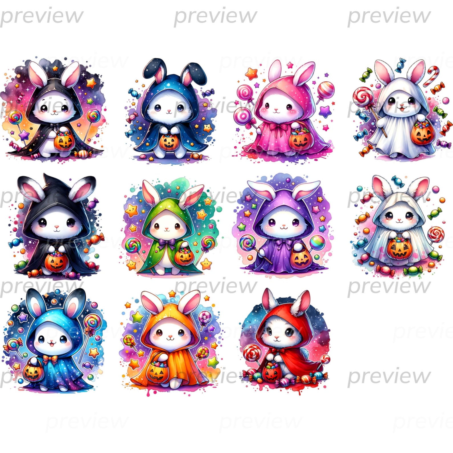 Cute Halloween Bunny Rabbits in Cloaks, Clipart Instant Download ...