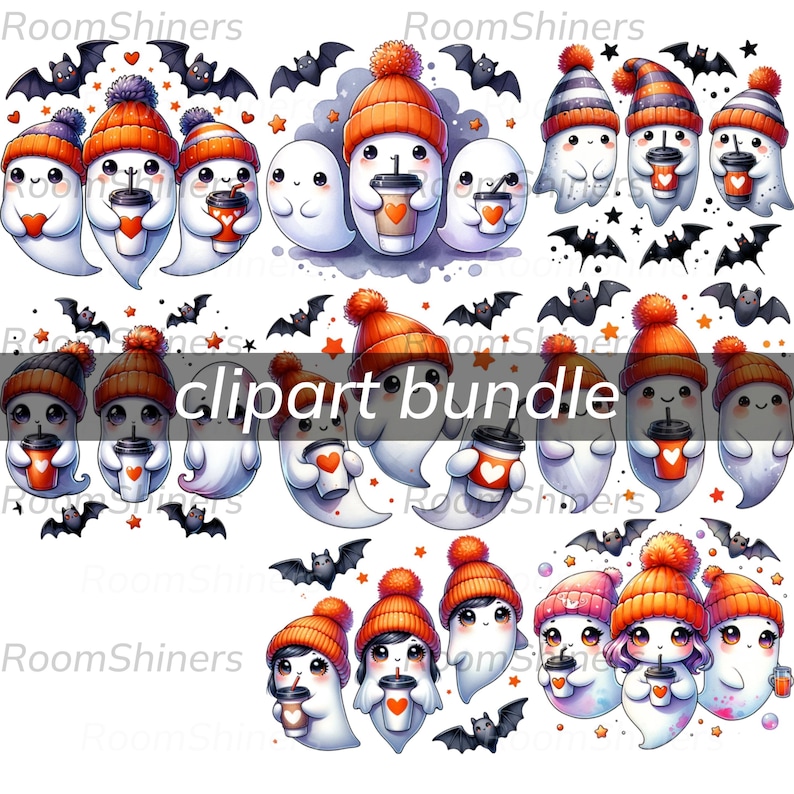 Printable 8 Pack Clipart Cute Ghosts PNG Bundle, Download Sublimation ...