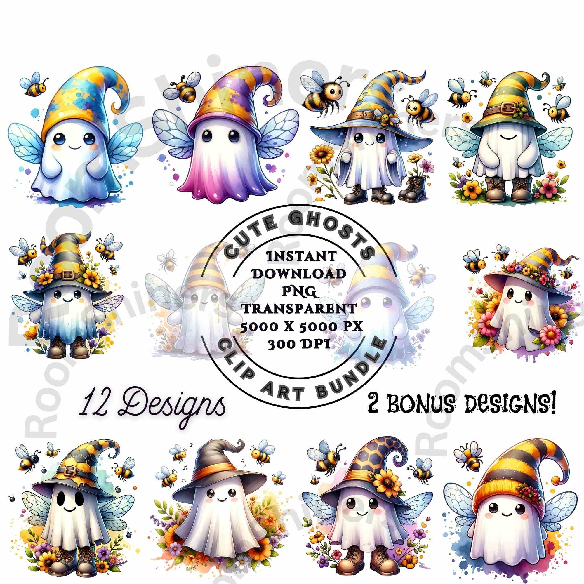 Cute Instant Download Printable Halloween Art, Gnome Ghosts Bees ...