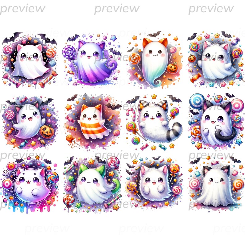 Halloween Cat Ghost Clipart, Cartoon Bundle (PNG File) - Etsy