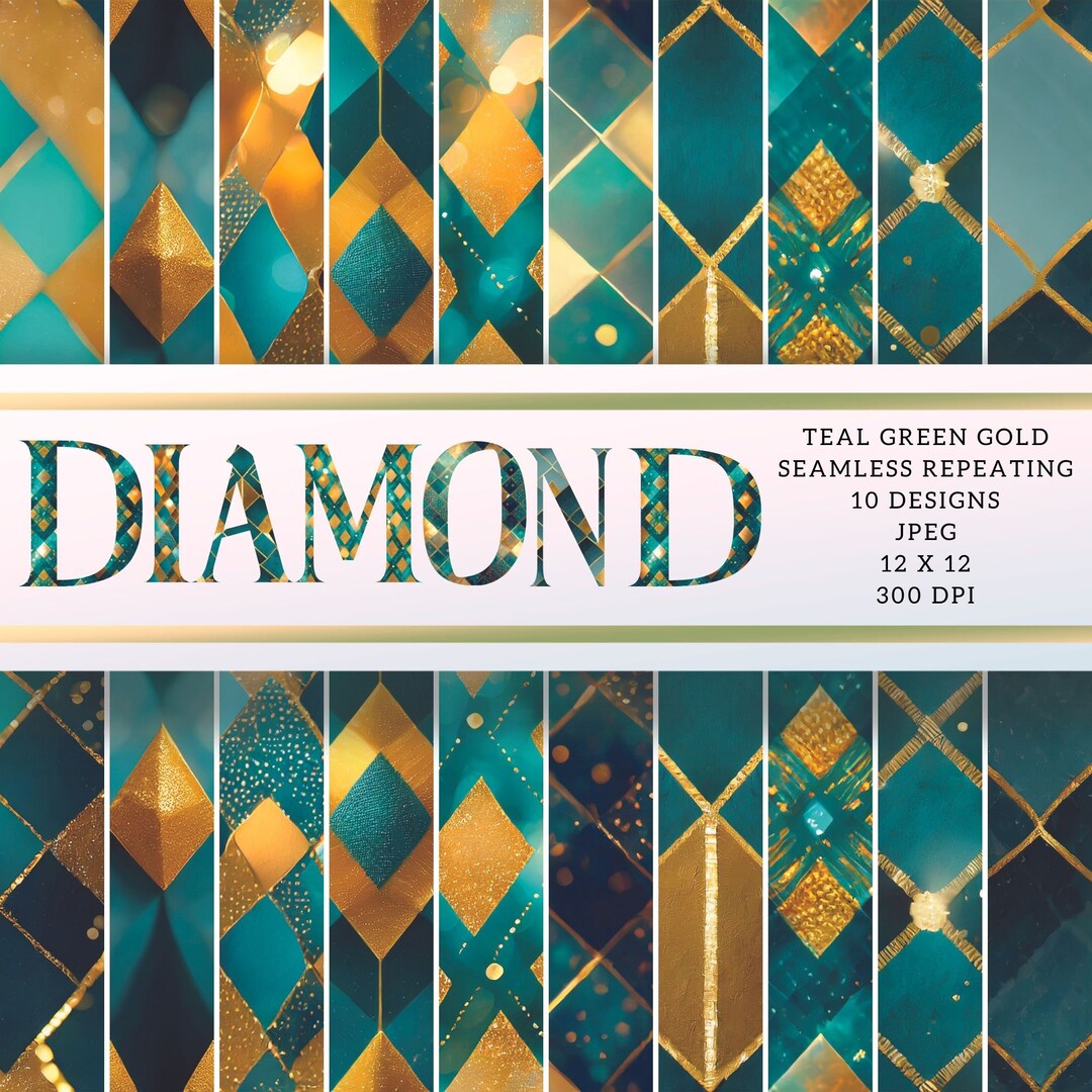 Teal Green & Gold Diamond Digital Paper: 12x12 Seamless Patterns ...