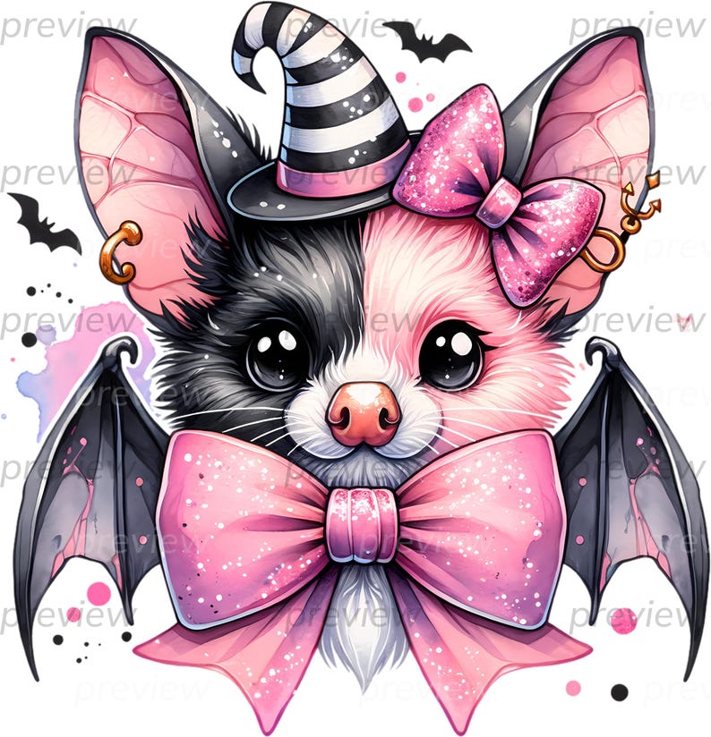 Pink Bat Cat Clipart Bundle: Pastel Goth Halloween Decor (300 DPI PNG ...
