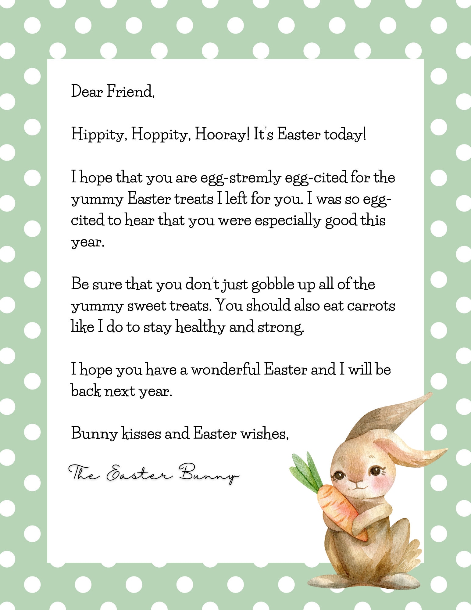 Letter From the Easter Bunny Digital Download Green Dots Bunny Editable ...