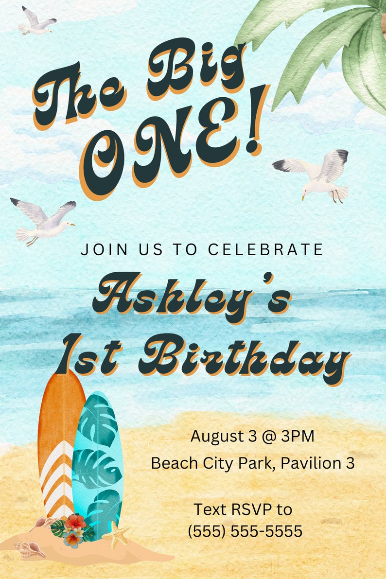 Surf's up Beachy First Birthday Party Invitation Digital Download ...