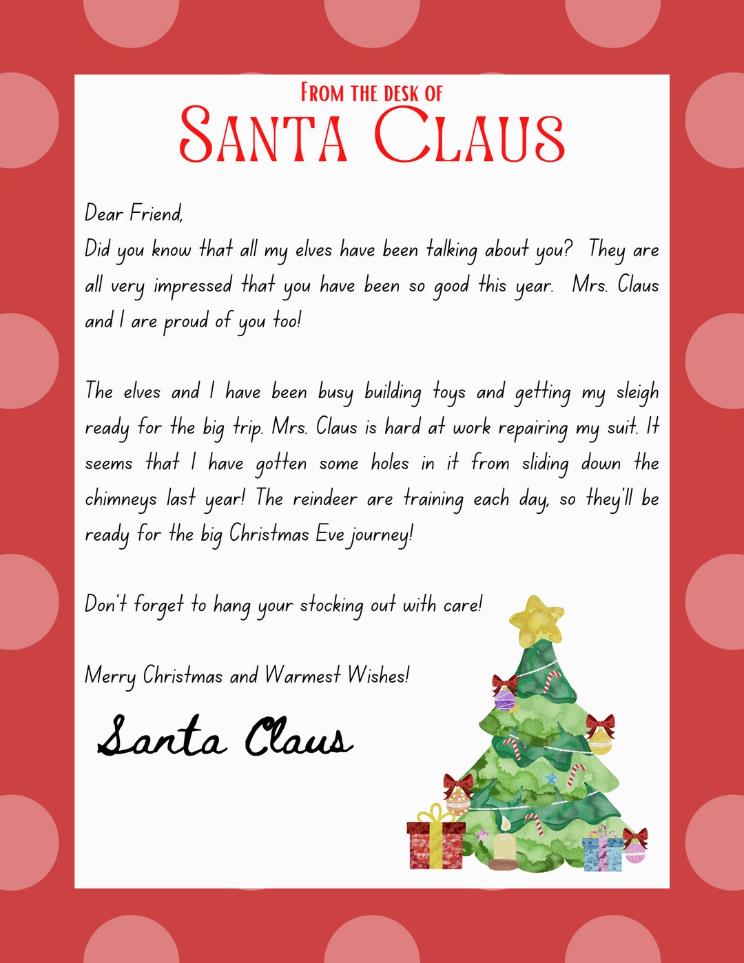 Letter From Santa Digital Download Tree With Red and Pink Dots Editable ...