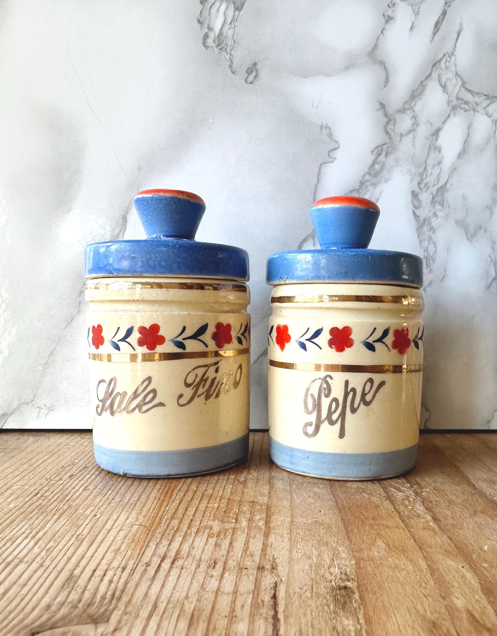 Vintage Set of Two Italian Spice Jars, Salt & Pepper, Hand Painted ...