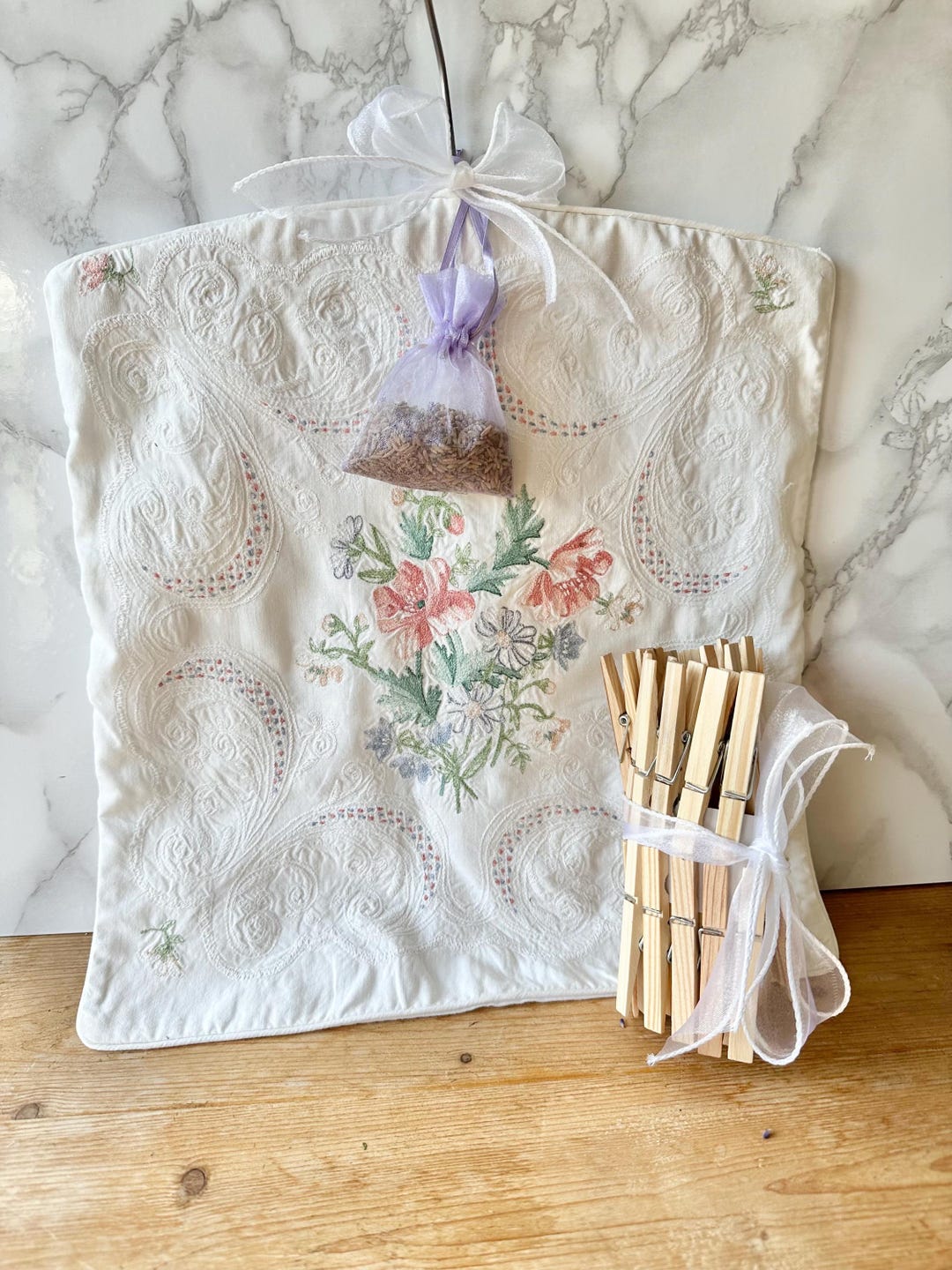 Delightful Embroidered French Vintage Peg Bag, Complete With Wooden ...