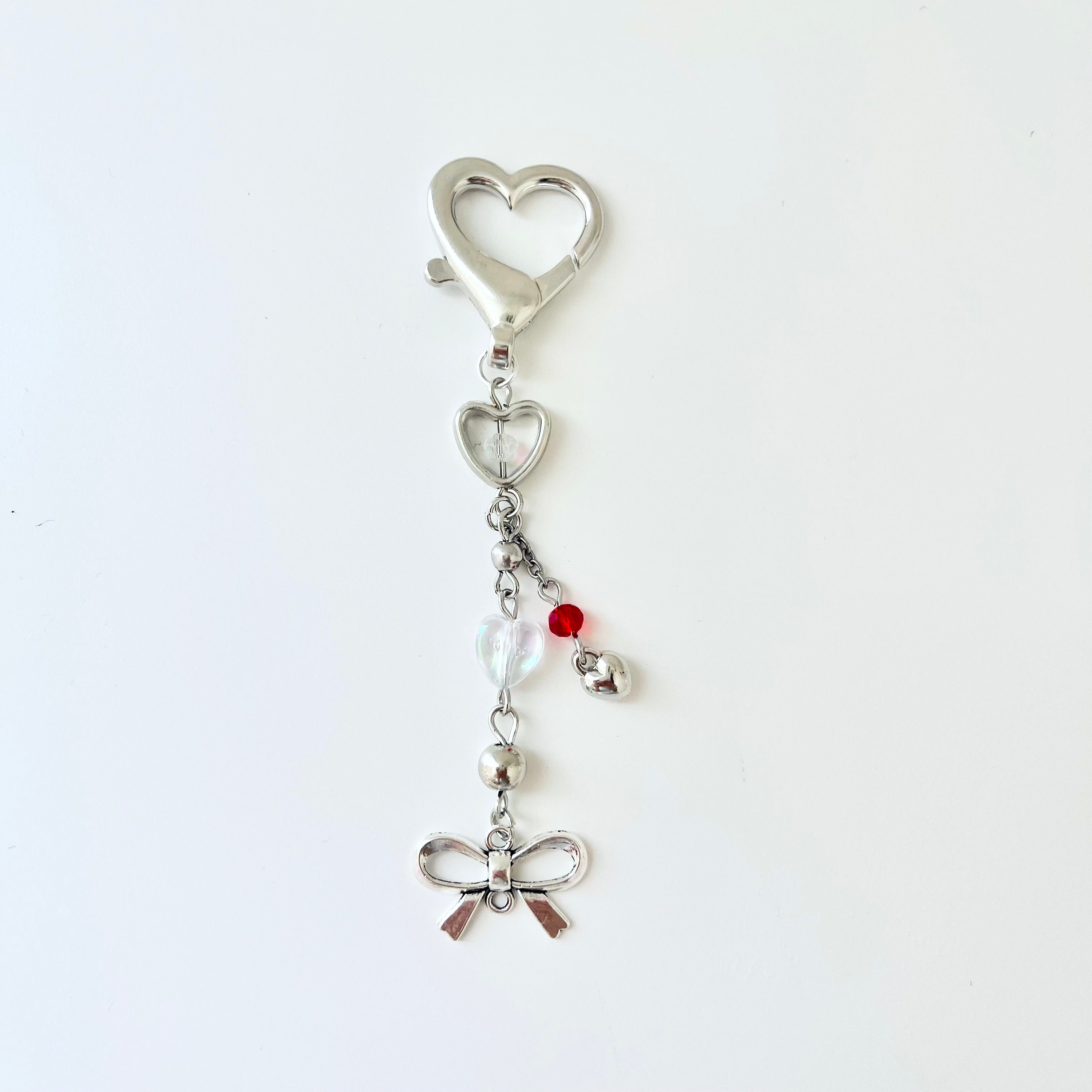 Coquette Keychain Silver Love Keychain Bow Heart Keychain Beaded Charm ...