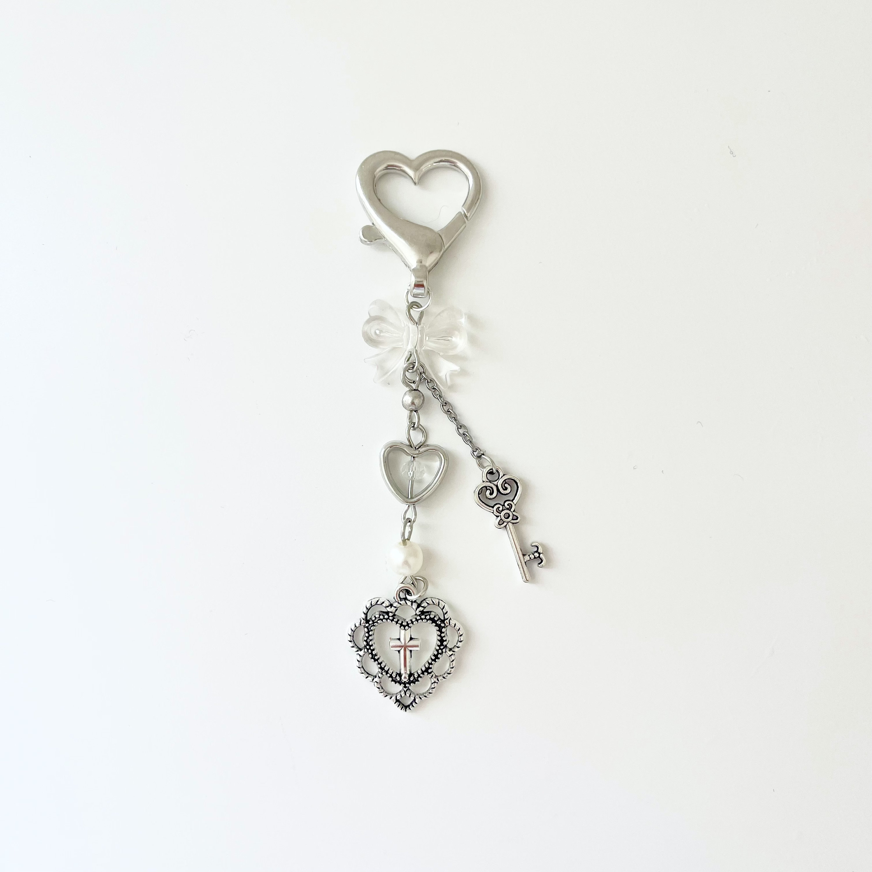 Coquette Keychain Silver Love Keychain Bow Heart Keychain Beaded Charm ...