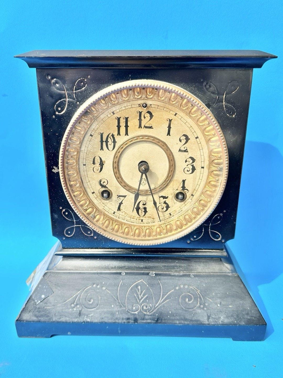 Antique Ansonia Cast Iron Mantle Clock Black Flat Shelf Top Vintage ...