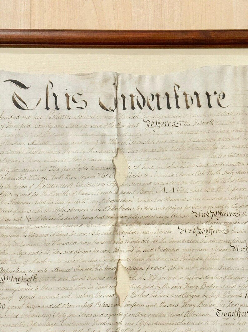 1805 Handwritten Deed Indenture Pennsylvania Estate Find Framed Signed ...