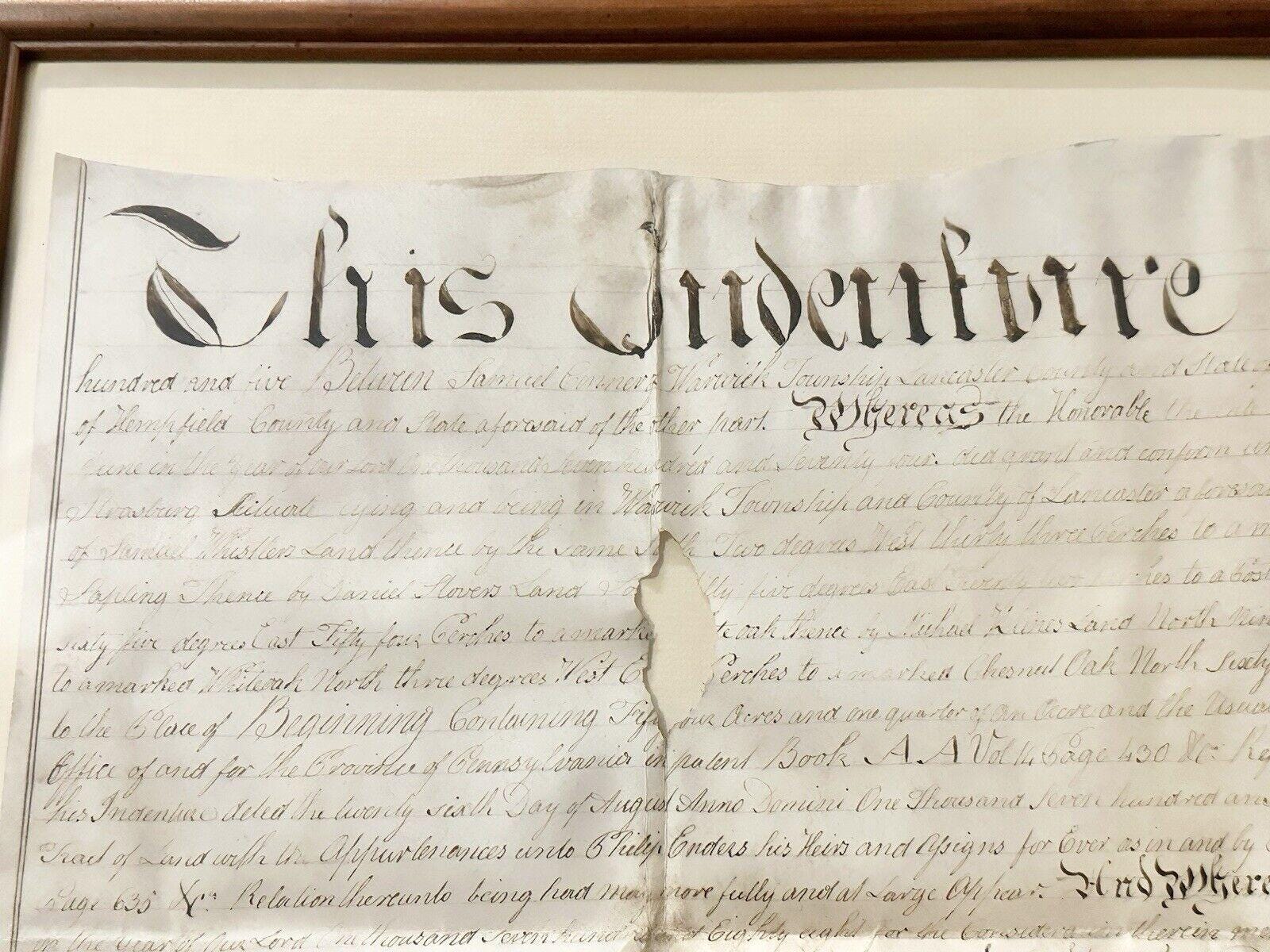 1805 Handwritten Deed Indenture Pennsylvania Estate Find Framed Signed ...