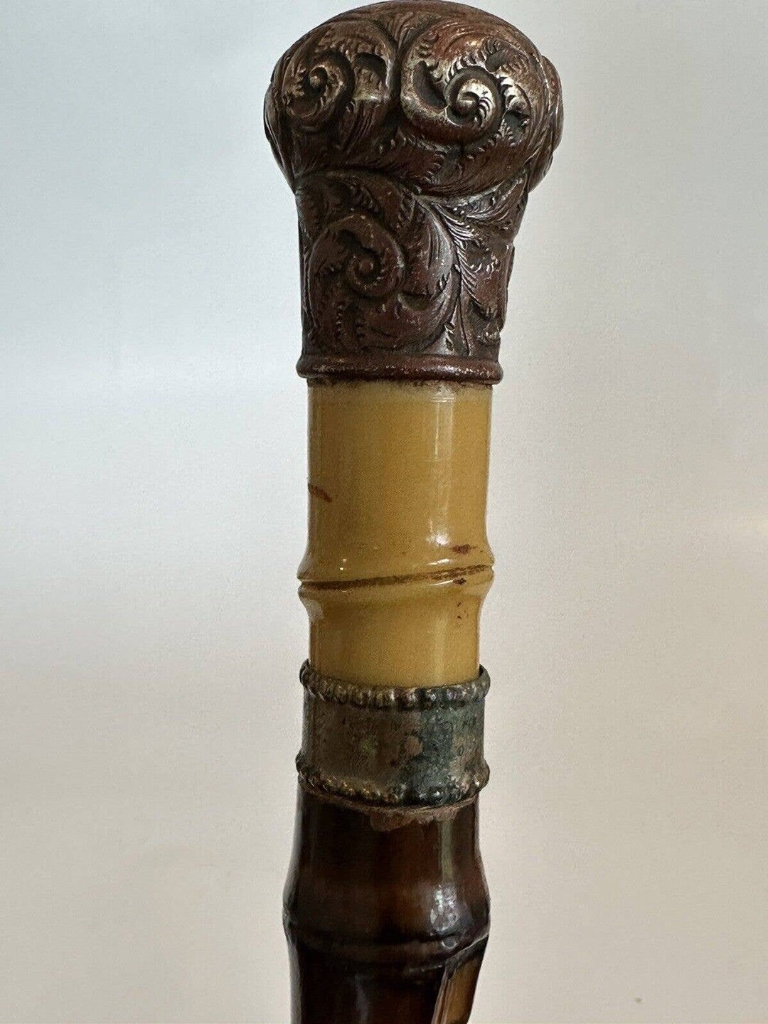 Antique Cane With Unusual Bronze Handle ? Butterscotch? Gold Tone Band ...