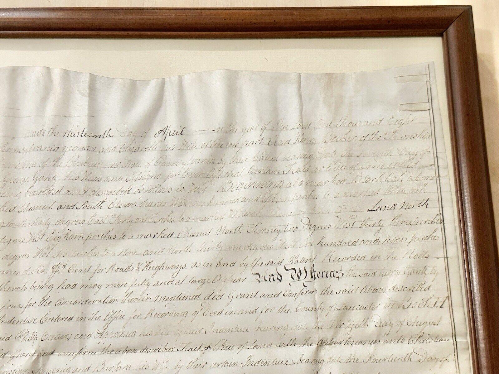 1805 Handwritten Deed Indenture Pennsylvania Estate Find Framed Signed ...