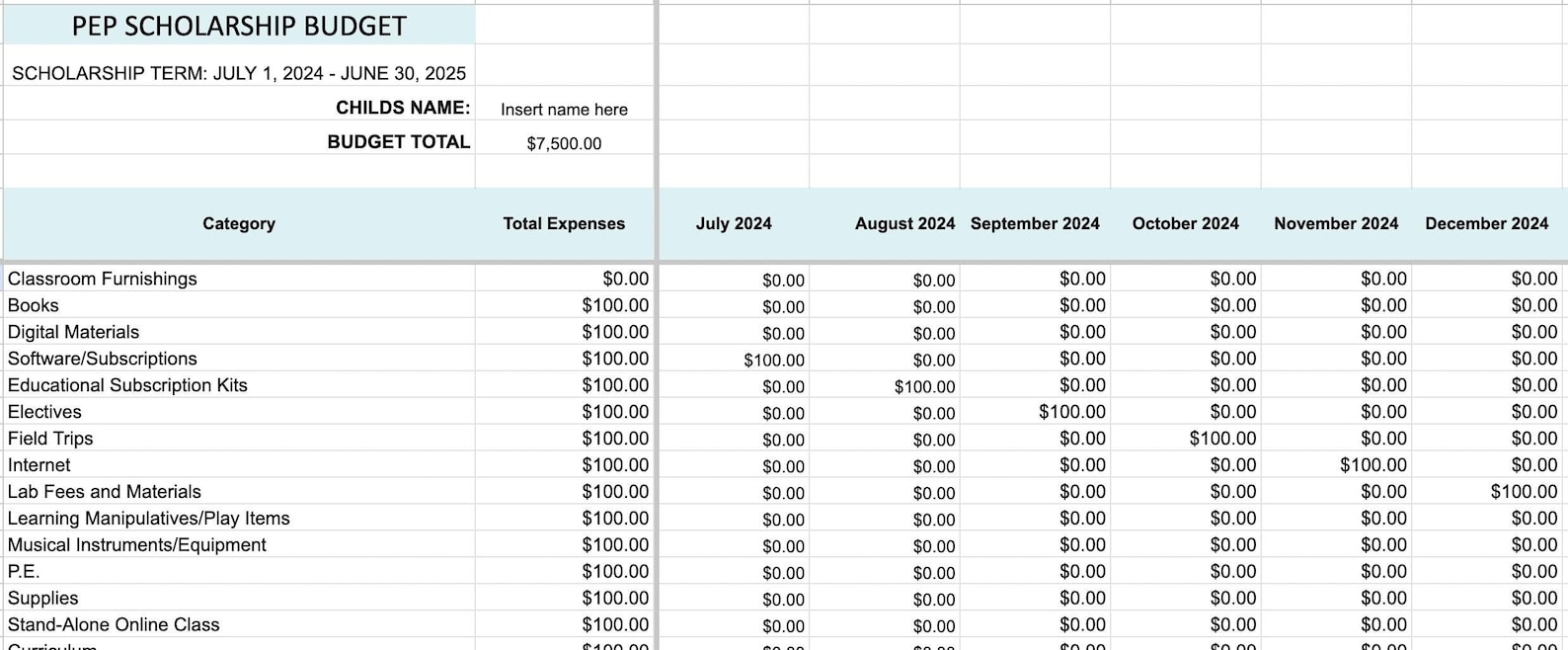 Florida PEP Scholarship Budget for Google Sheets - Etsy